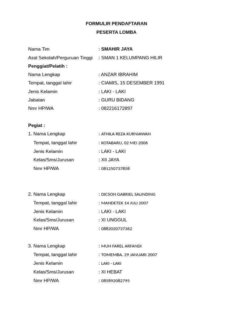 Formulir Pendaftaran Bola Sundul | PDF