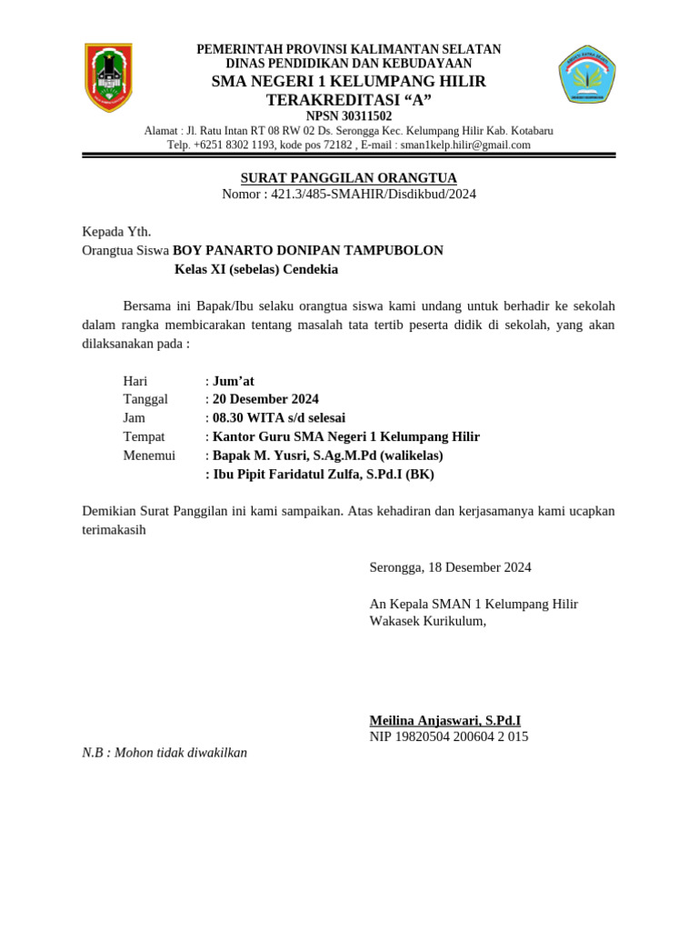 Surat Panggilan Ortu Siswa | PDF
