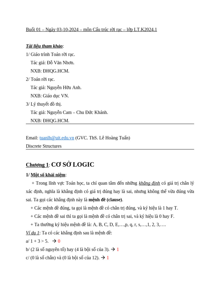 Buoi 01 - Ngay 03-10-2024 - Mon Cau Truc Roi Rac - Lop LT.K2024.1 | PDF