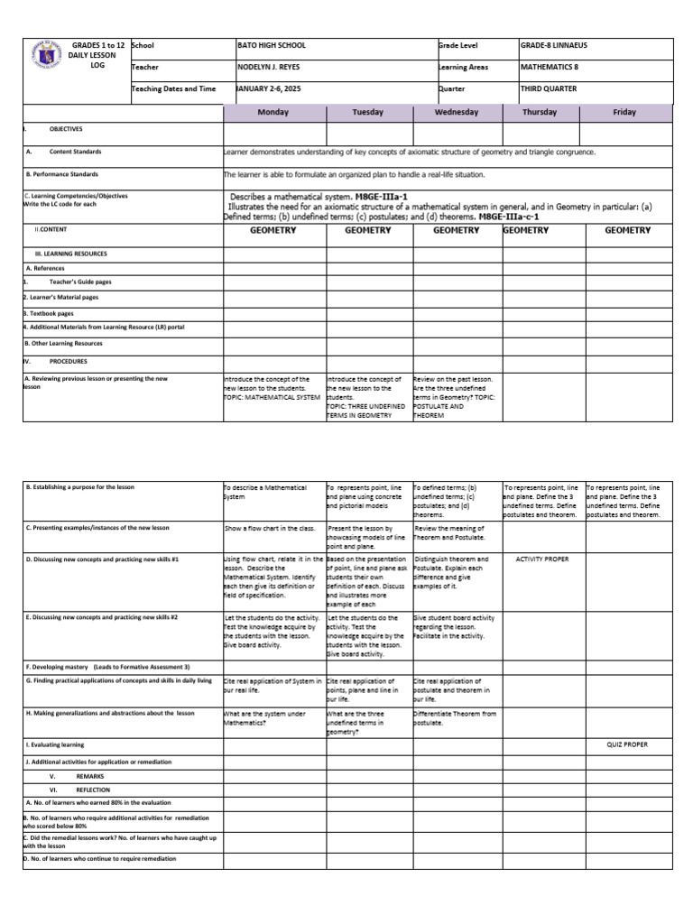 Grade 8 Geometry Lesson Plan | PDF | Axiom | Geometry
