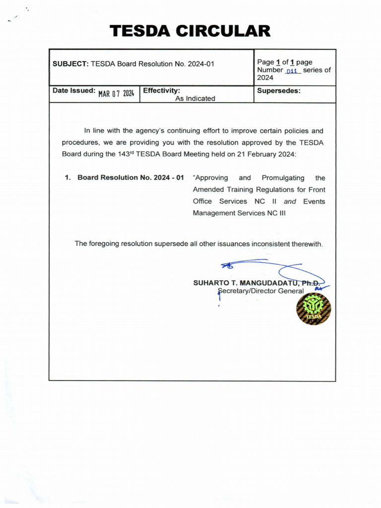 TESDA Amended Training Regulations 2024 | PDF | Apprenticeship | Curriculum