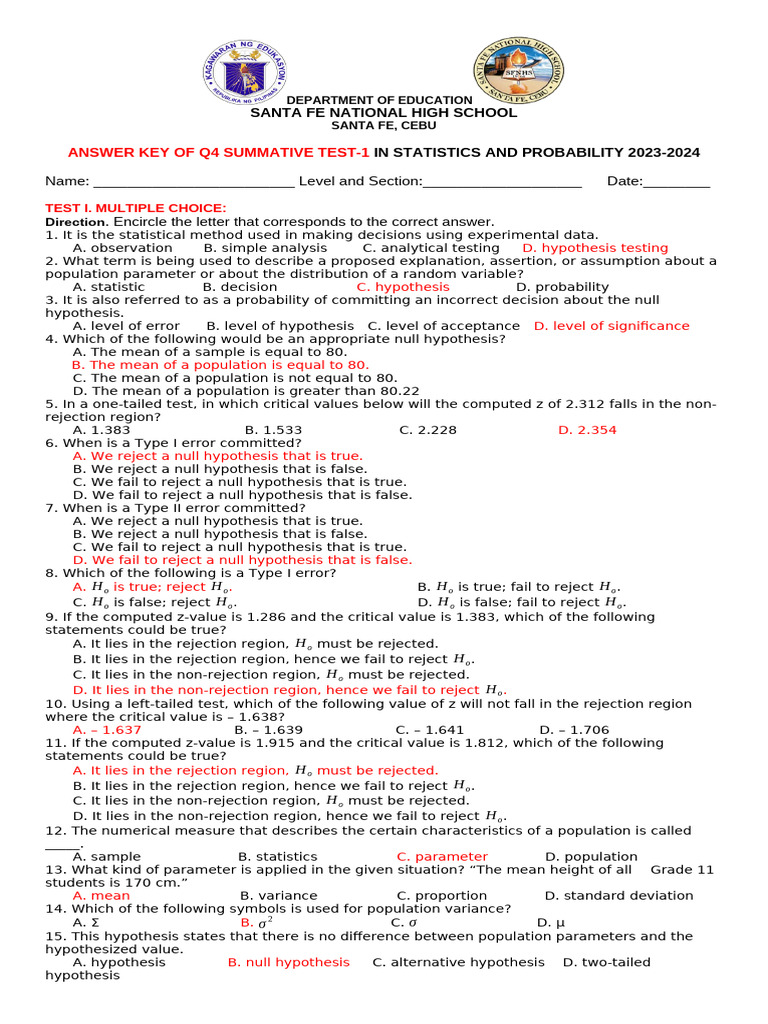 ANSWERS KEY OF Q4-SUMMATIVE TEST-1 IN STATISTICS 2023-2024 | PDF ...