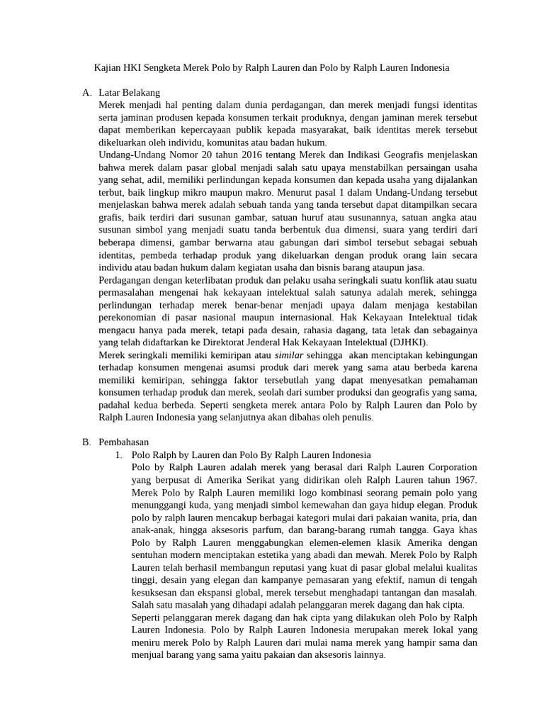 Kajian HKI Sengketa Merek Polo by Ralph Lauren Dan Polo by Ralph Lauren Indonesia | PDF