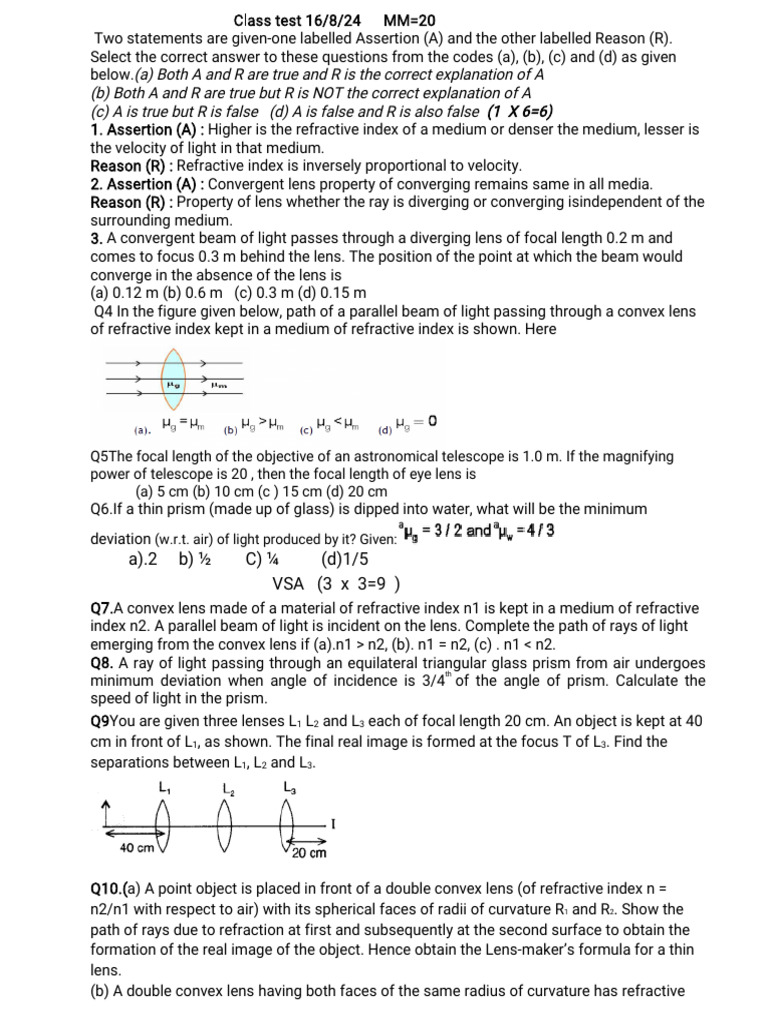 RAY OPTICS CLASS TEST1 | PDF | Refractive Index | Refraction