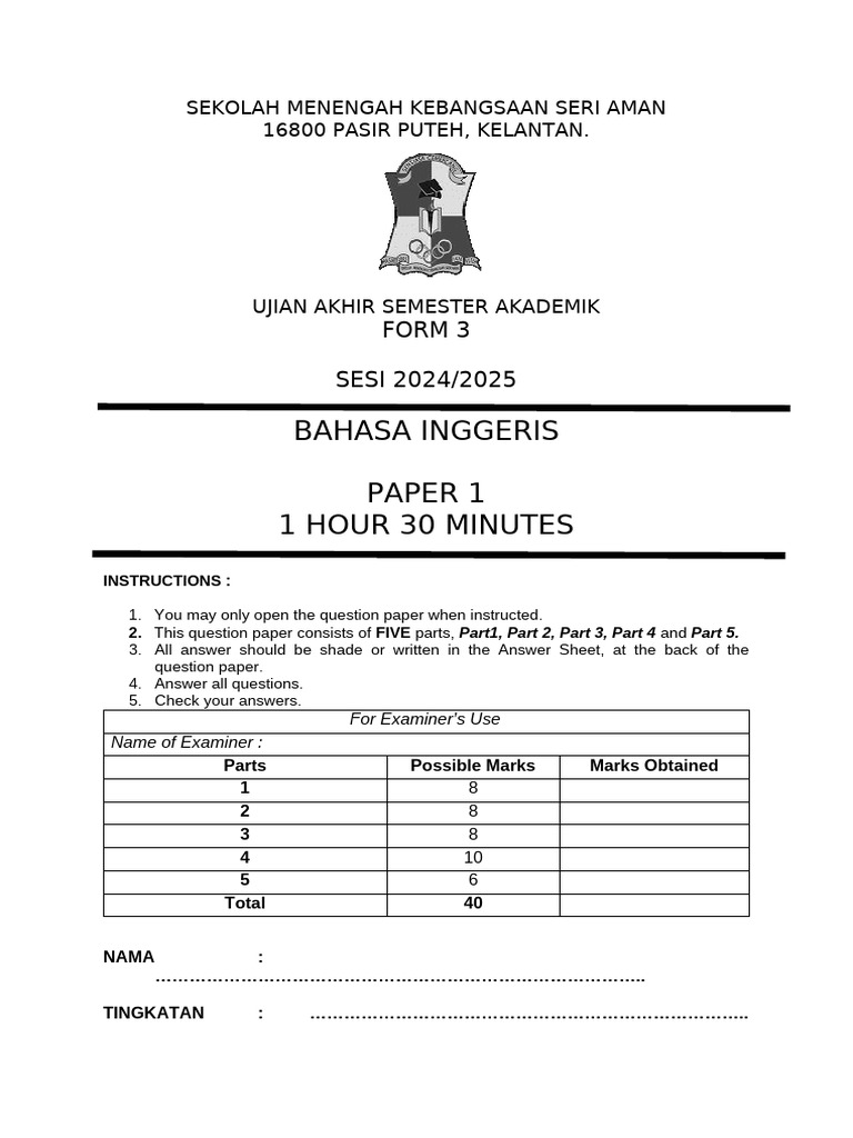 Cover Soalan Peperiksaan -English | PDF