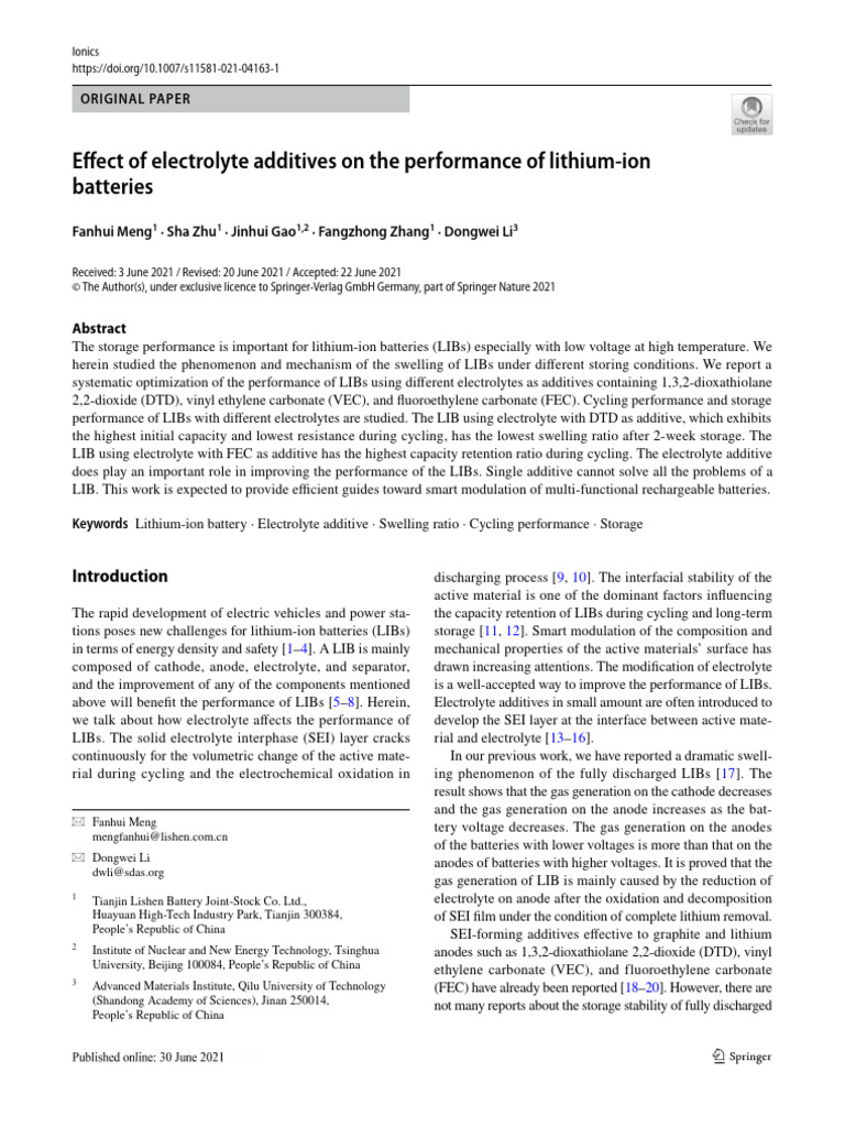 Efect of electrolyte additives on the performance of lithium‑ion | PDF ...