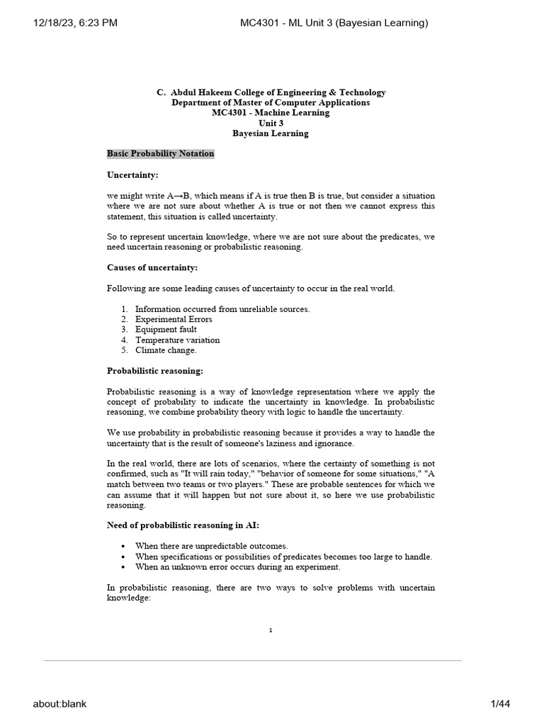 MC4301 - ML Unit 3 (Bayesian Learning) | PDF | Bayesian Network | Machine Learning