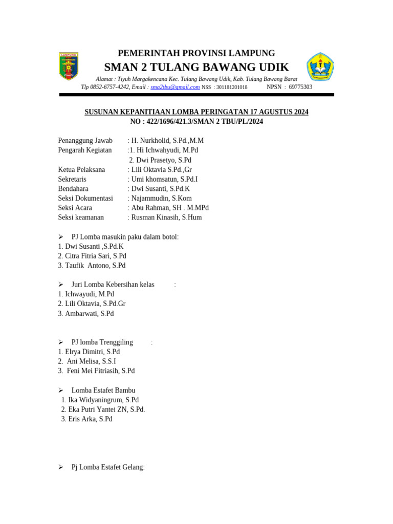 susunan panitia guru PERINGATAN 17 AGUSTUS 2024 | PDF