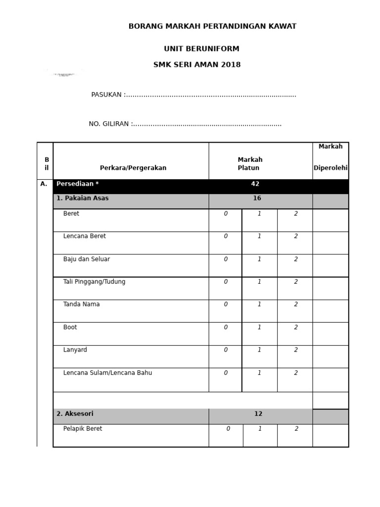 Borang Markah Kawad Kaki | PDF