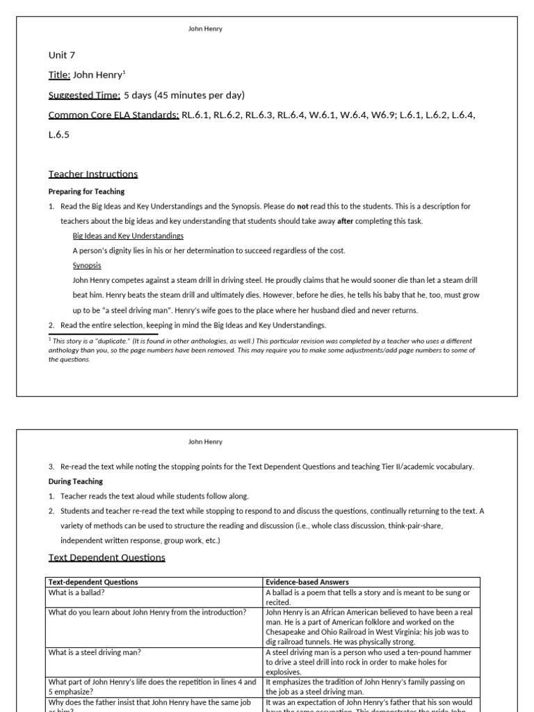 John Henry. Lesson - Story | PDF