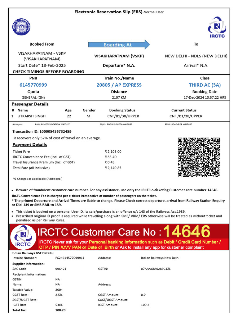 Railway ticket vskp tp ndls 13th Feb | PDF | Identity Document