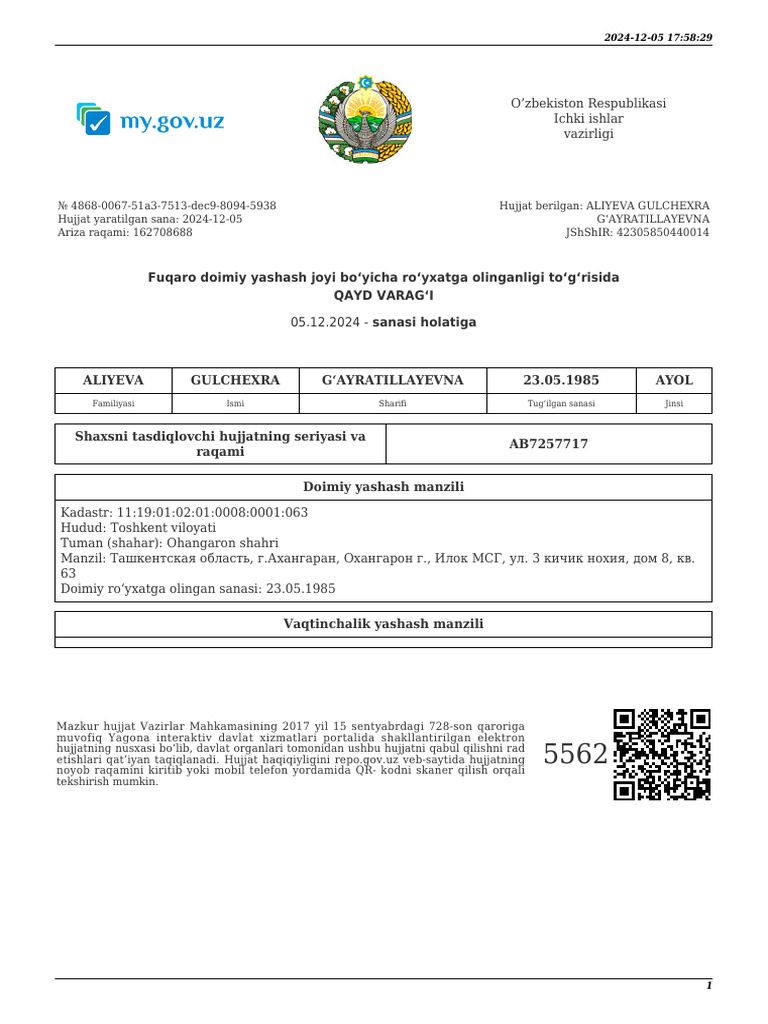 Fuqaro Doimiy Yashash Joyi Bo Yicha Ro Yxatga Olinganligi To G Risida ...