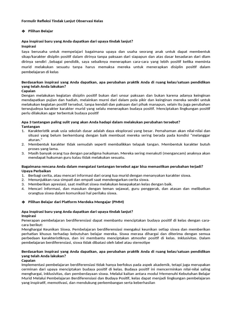 Formulir Refleksi Tindak Lanjut Observasi Kelas | PDF