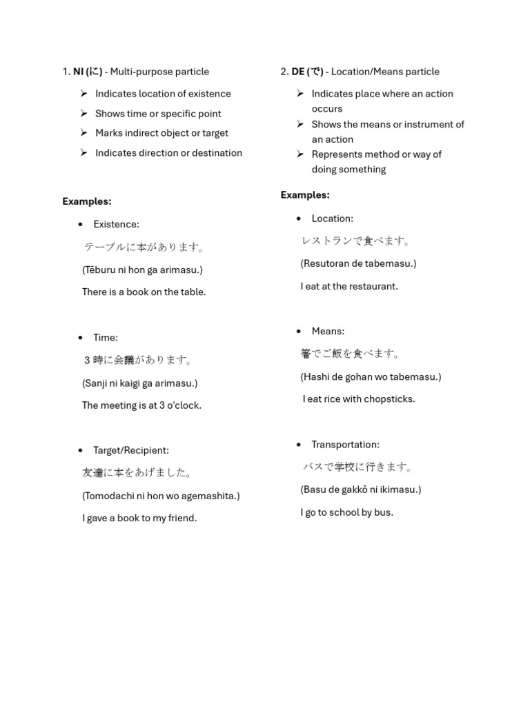 NI, De, WO Japanese Particles | PDF | Linguistic Typology | Linguistic ...