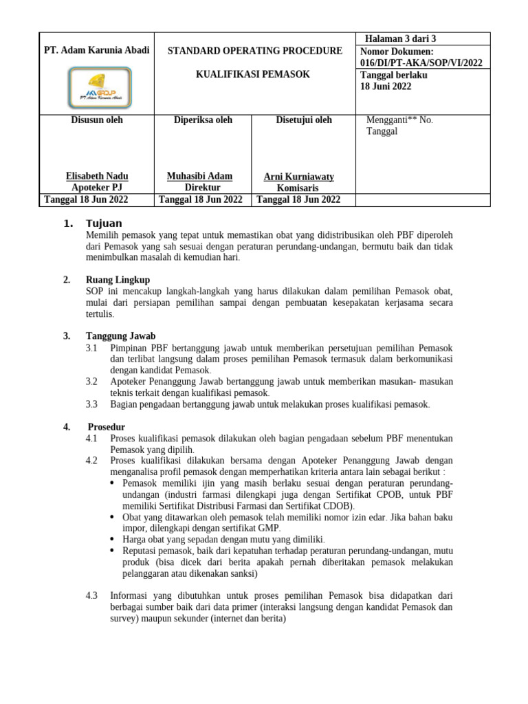 SOP Kualifikasi Pemasok Obat PBF | PDF