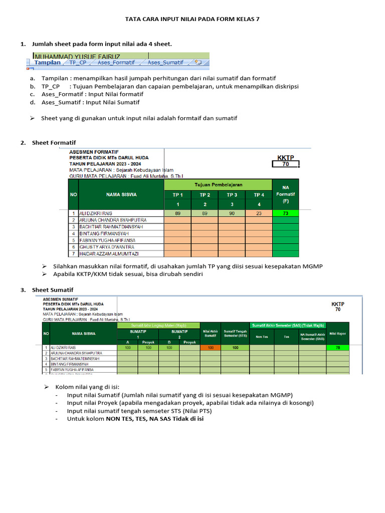 Tata Cara Input Nilai Pada Form Kelas 7 | PDF