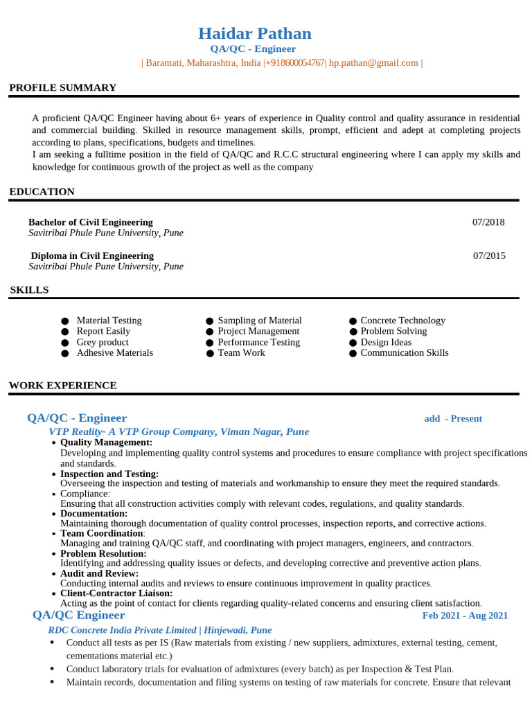 Haidar Pathan Resume Qaqc Word File Ibisa | PDF | Quality Assurance | Business