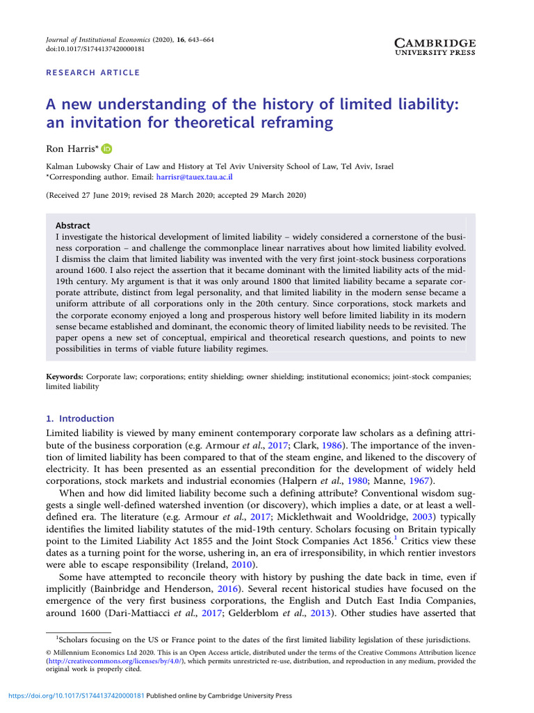 A New Understanding of The History of Limited Liability An Invitation ...