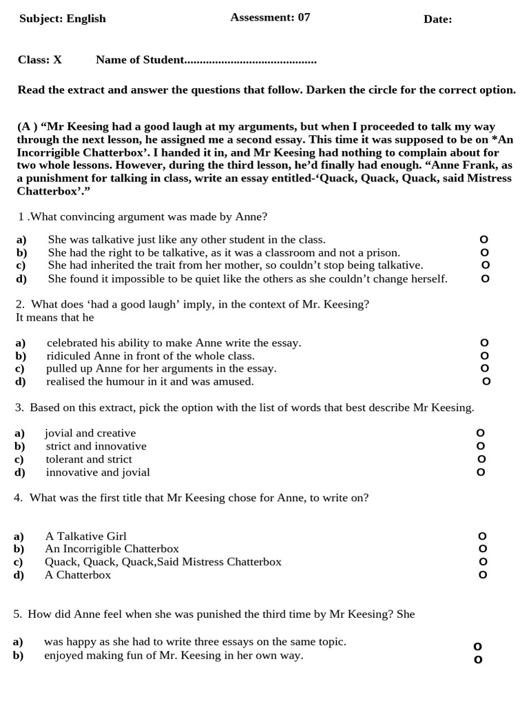 English Assessment Worksheet 7 | PDF