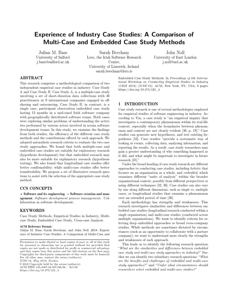 Experience of Industry Case Studies: A Comparison of Multi-Case and Embedded Case Study Methods ...
