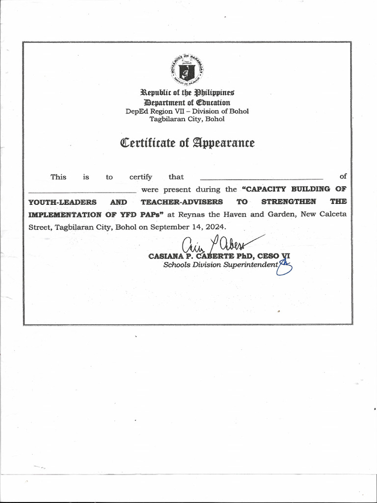 Cert of Appearance SSLG Capacity Building 2024 | PDF