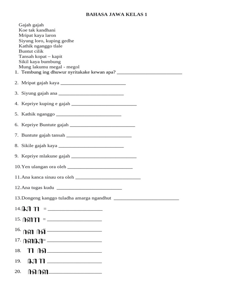Materi Bahasa Jawa Kelas 1: Gajah | PDF