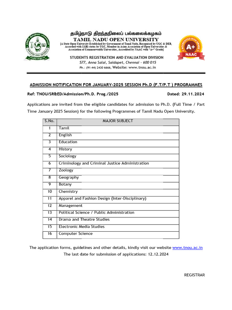 Phd admission tnou | PDF