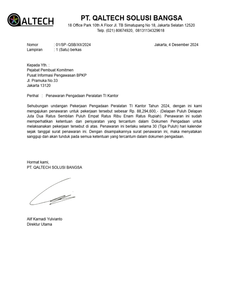 Surat Penawaran Pengadaan Peralatan TI Kantor BPKP 2024 | PDF