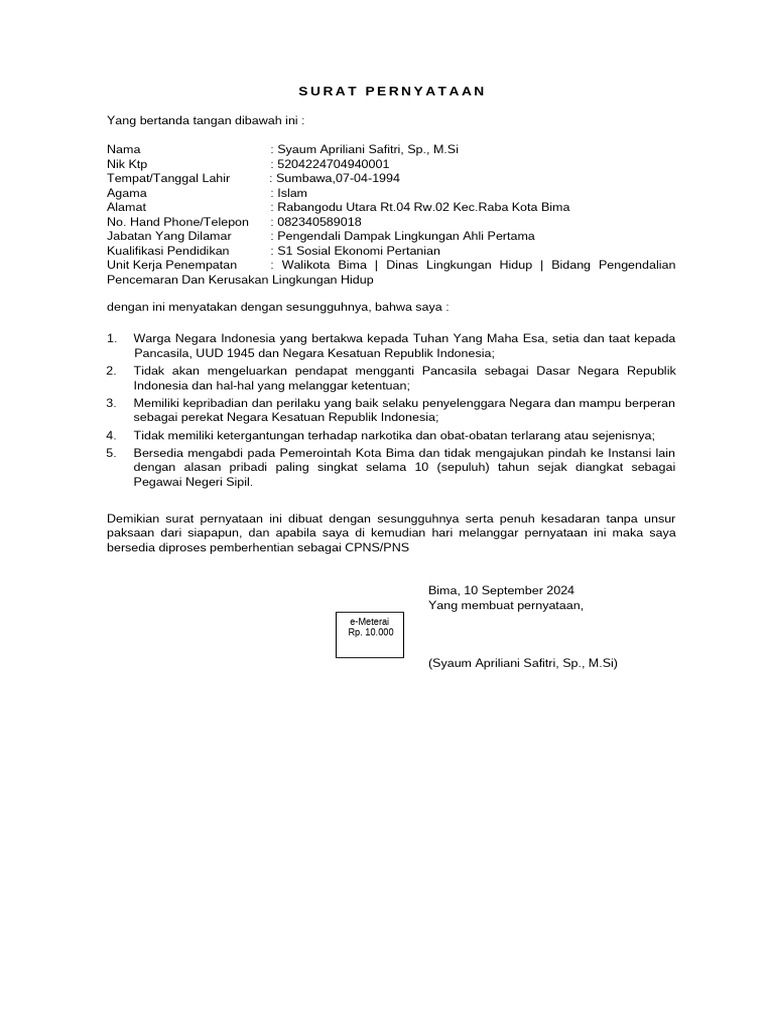 Surat Pernyataan bersedia mengabdi pada Pemerintah Kota Bima paling singkat selama 10 tahun ...