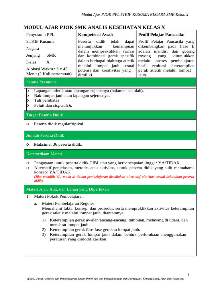 07 MODUL AJAR LOMPAT JAUH KELAS X | PDF