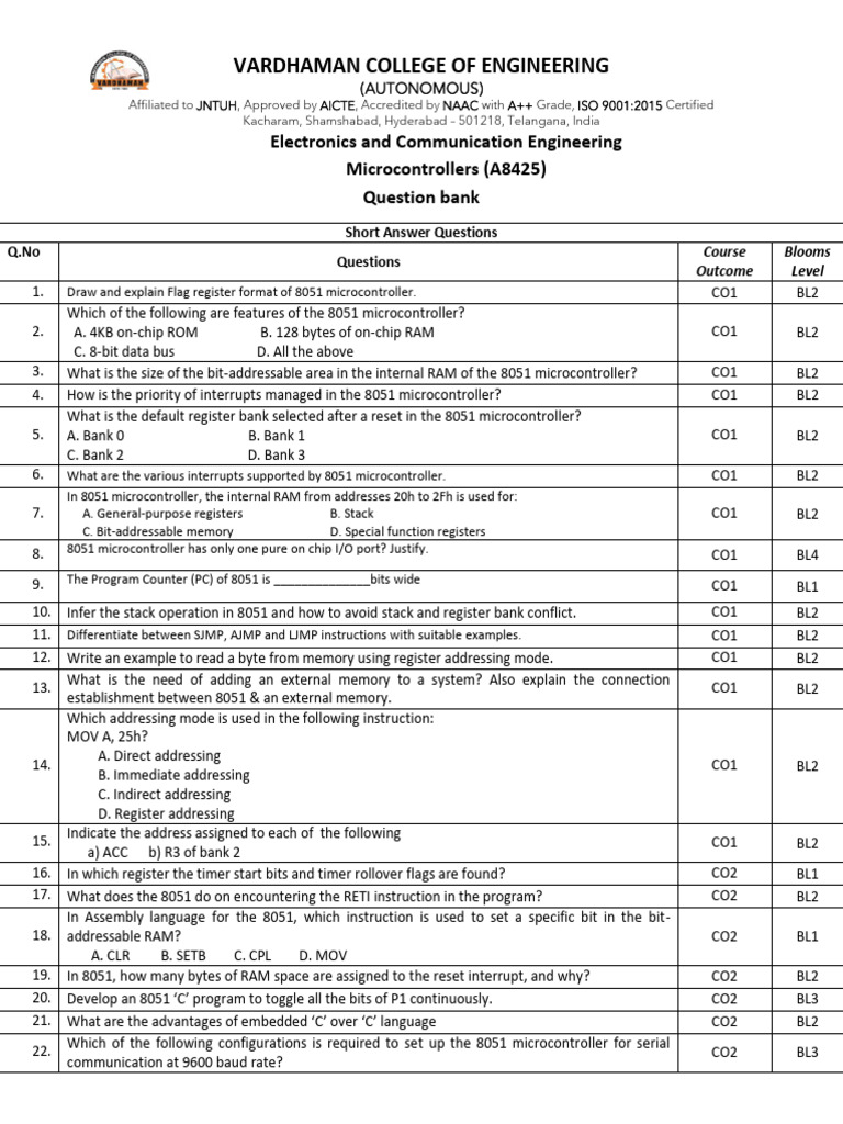 Question Bank Unit 1 & 2 | PDF | Microcontroller | Computer Architecture