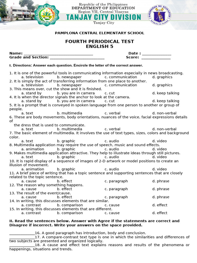 ENGLISH 5 test paper | PDF | Multimedia | Communication