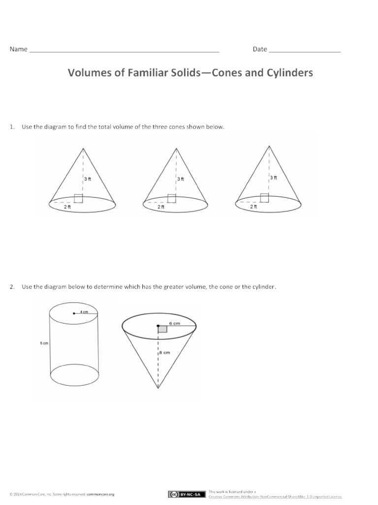 8.G.C.9 8th Grade Volumes of Cones Cylinder Worksheets PDF Set 1 | PDF