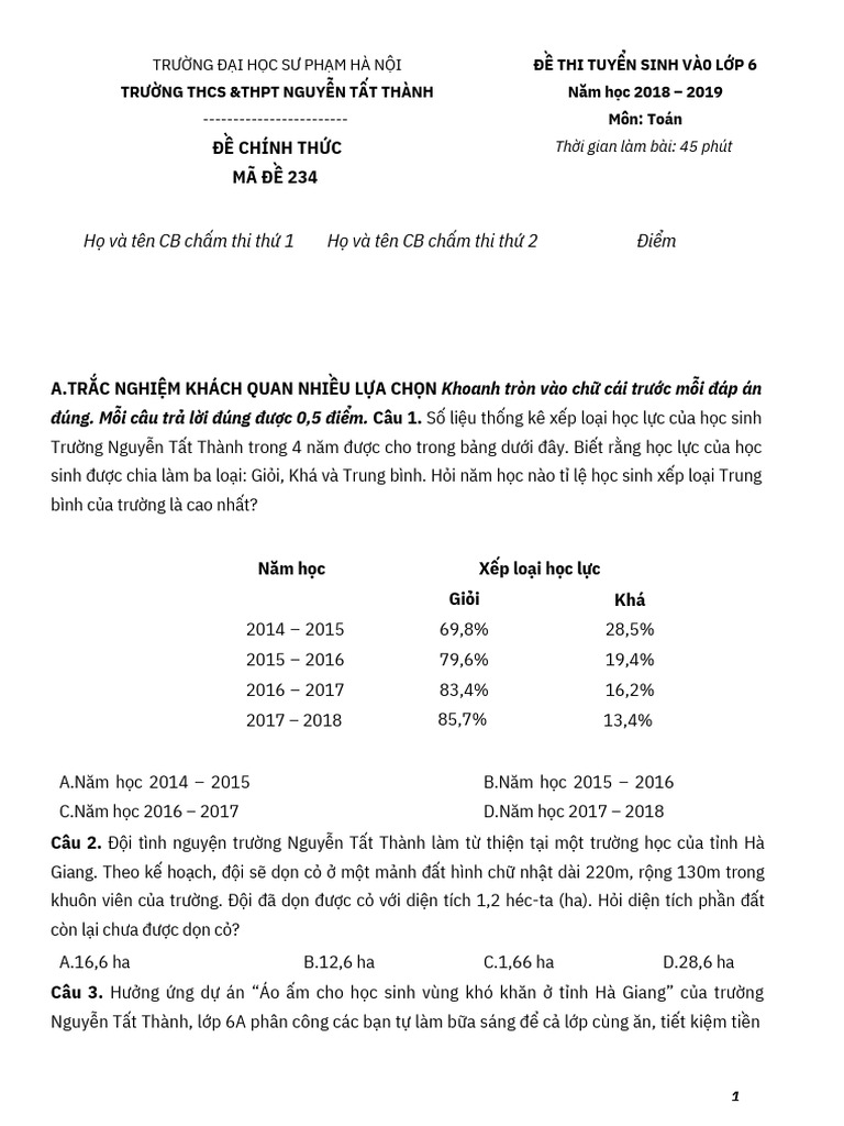 Đề Thi Vào 6 Môn Toán -NTT | PDF
