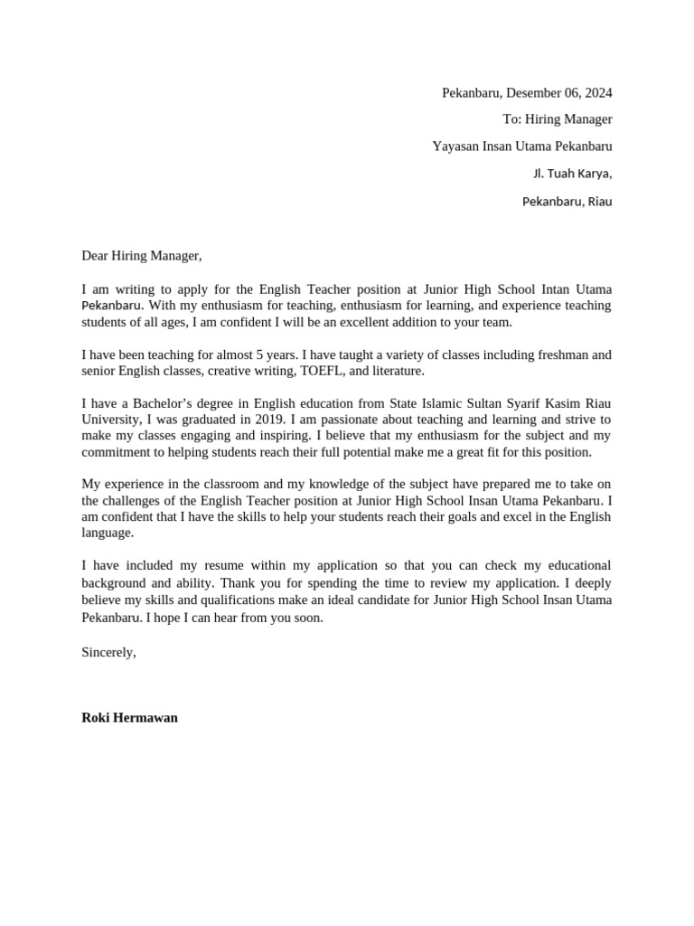 Insan Utama Job Application Letter | PDF