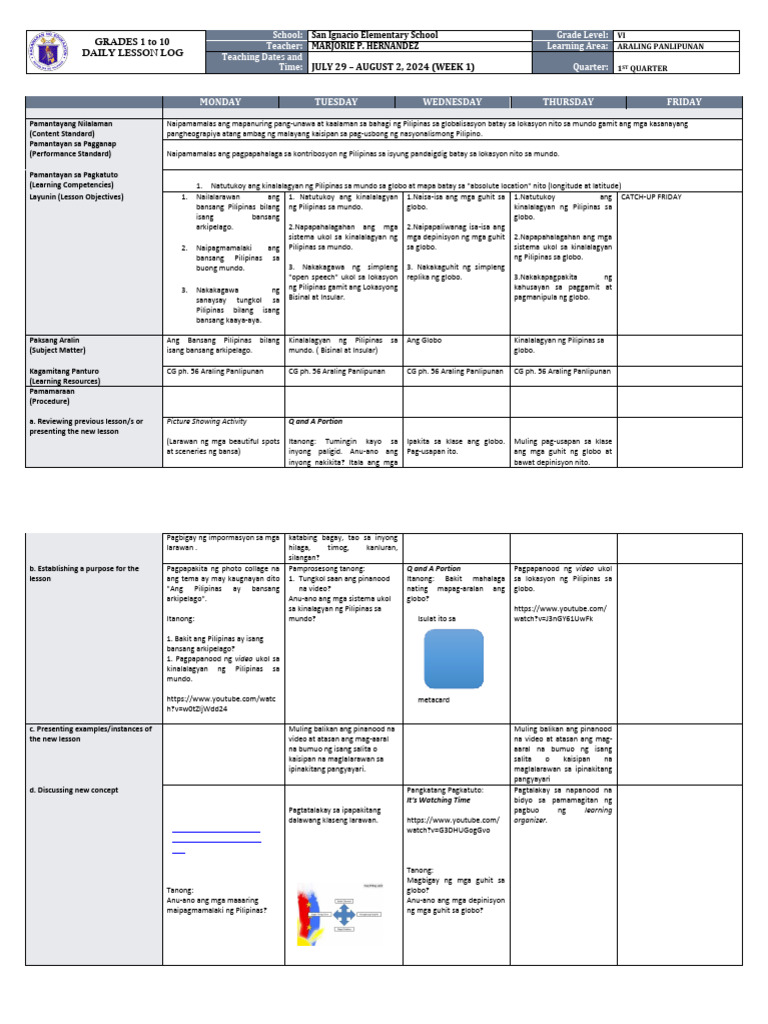 DLL - Araling Panlipunan 6 - Q1 - W1 | PDF