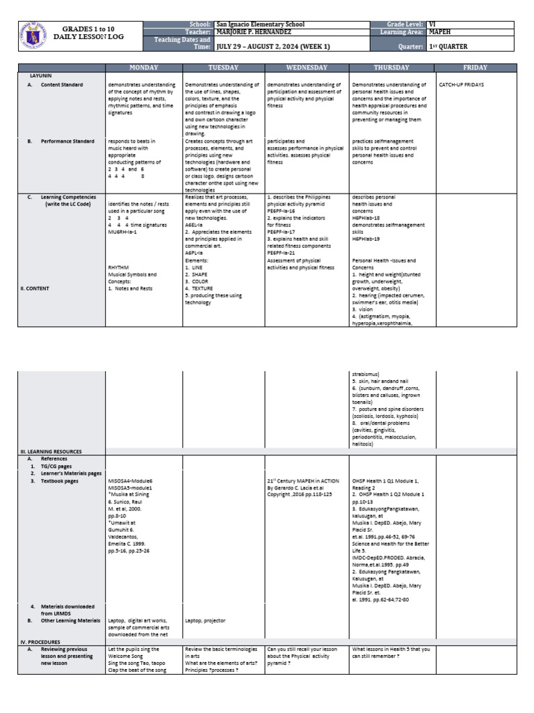 DLL_MAPEH 6_Q1_W1 | PDF