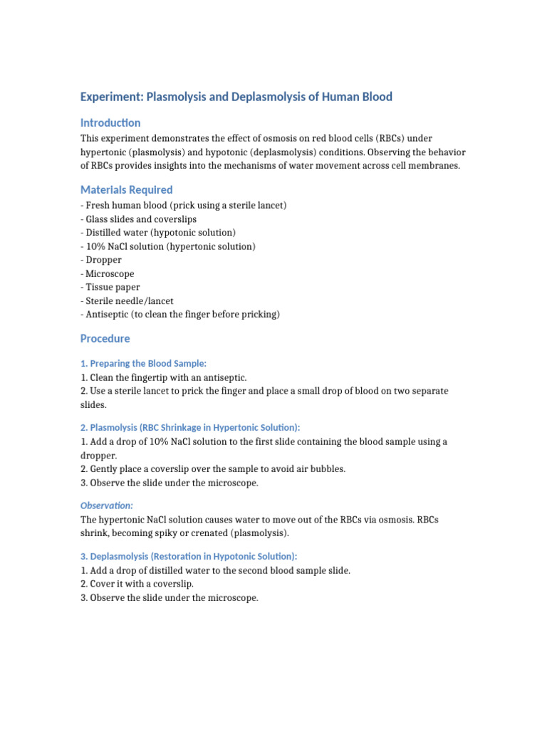 Plasmolysis and Deplasmolysis Experiment | PDF