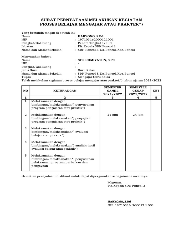 Surat Pernyataan Melakukan KBM | PDF