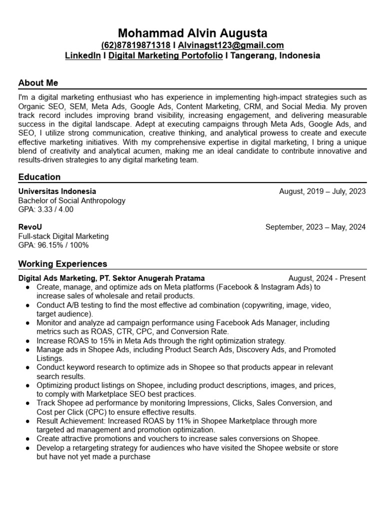 CV-Mohammad Alvin Augusta - 1 | PDF | Digital Marketing | Search Engine Optimization