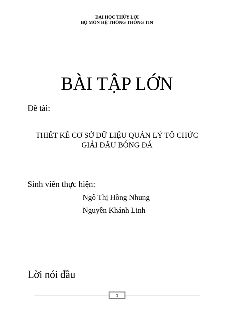 (123doc) - Bai-Tap-Lon-Csdl-Thiet-Ke-Co-So-Du-Lieu-Quan-Ly-To-Chuc-Giai-Dau-Bong-Da | PDF
