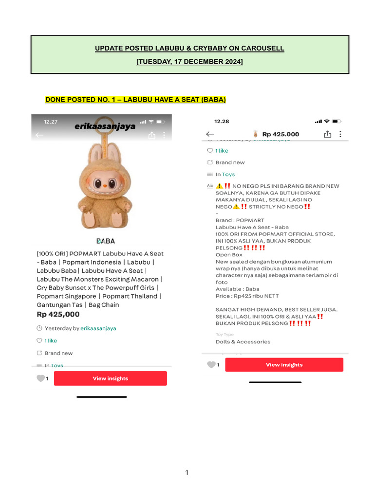 [17 DEC 2024] UPDATE POSTED LABUBU & CRYBABY - CAROUSELL | PDF