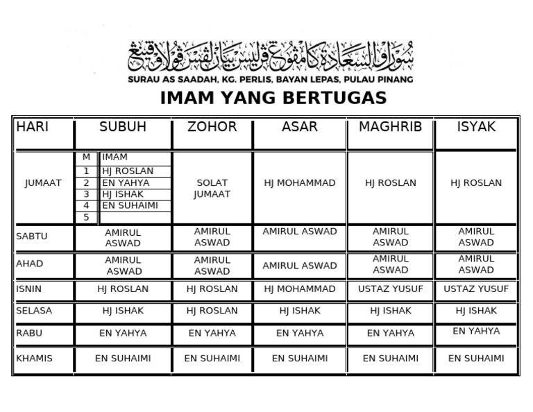 Jadual Tugas Imam Harian (New) | PDF