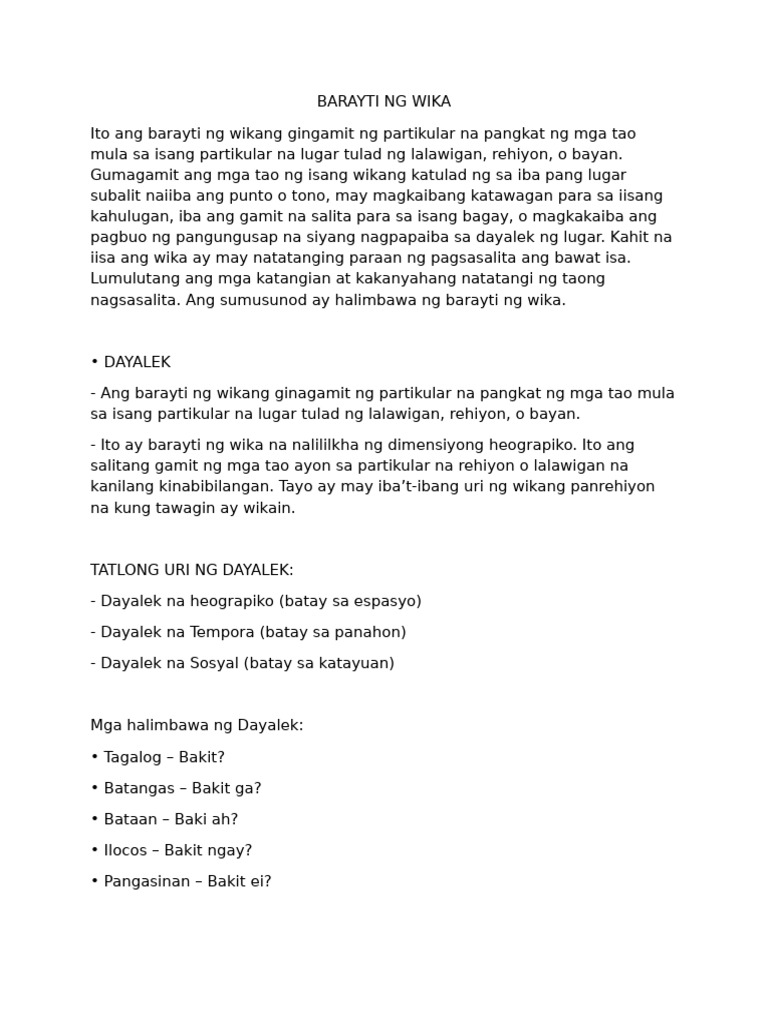 Mga Barayti Ng Wika.docx | PDF