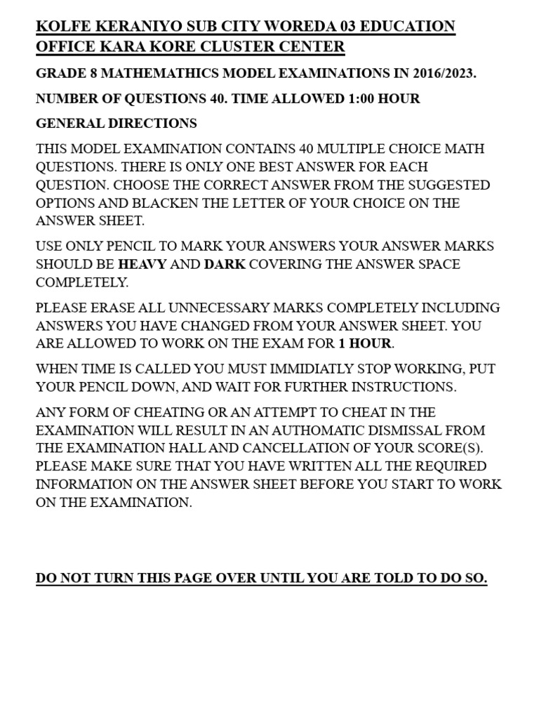 Grade 8 Mathematics Model Exam 2023 | PDF | Rectangle | Area