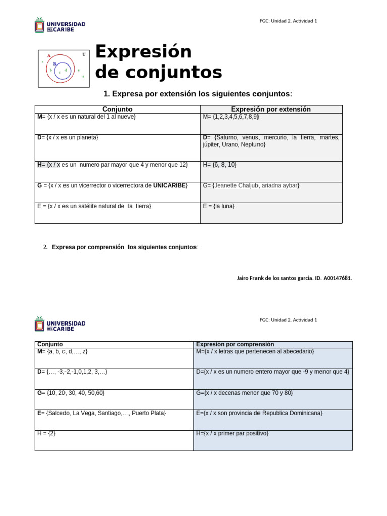 Unidad 2. Actividad 1. Expresiones de Conjuntos | PDF