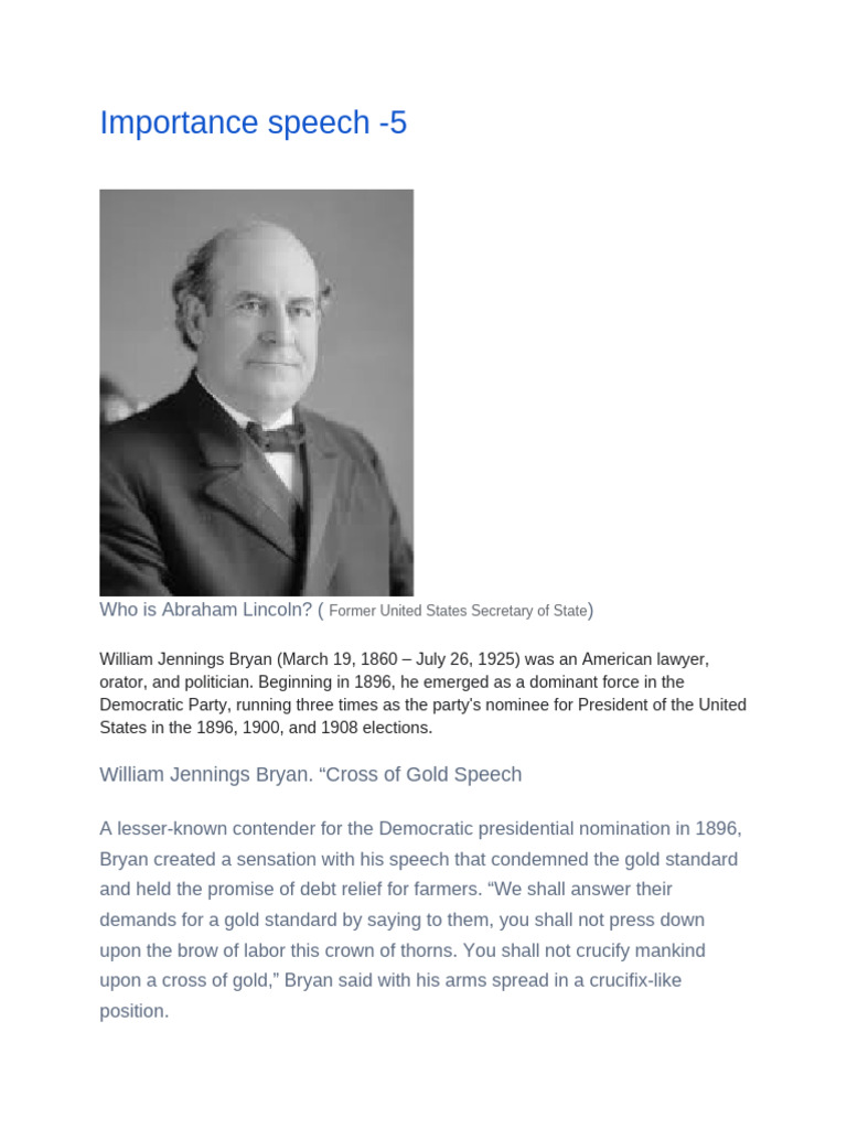 William Jennings Bryan. "Cross of Gold Speech. | PDF