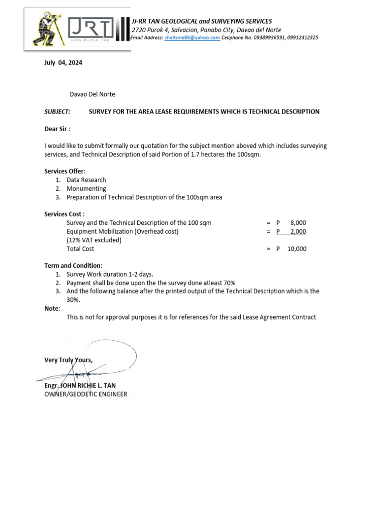 Survey Quotation for 100sqm Lease Area | PDF