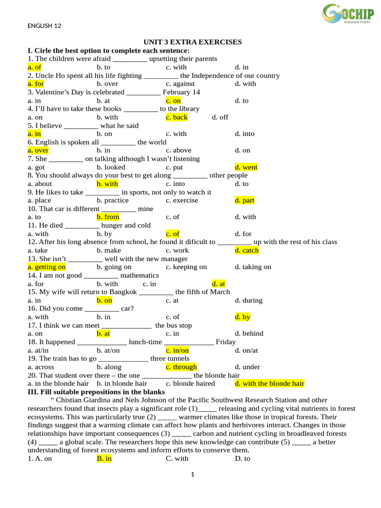Unit 3 Extra Exercises - Key | PDF | Biodiversity | Ecosystem