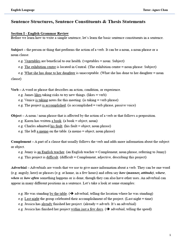 Thesis Sentence Structure Explained | PDF | Adverb | Part Of Speech